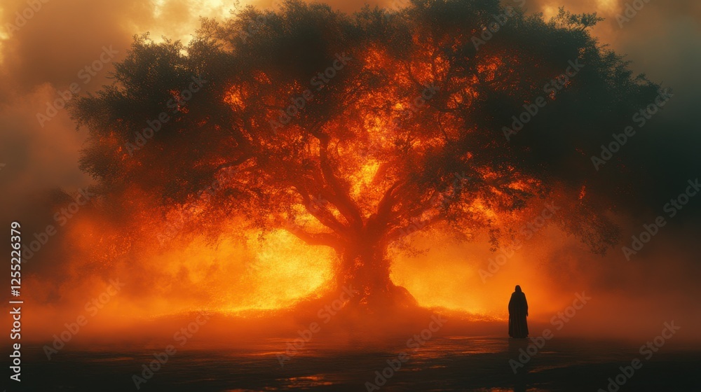 moses and the burning bush man in front of a big tree with orange smoke ...