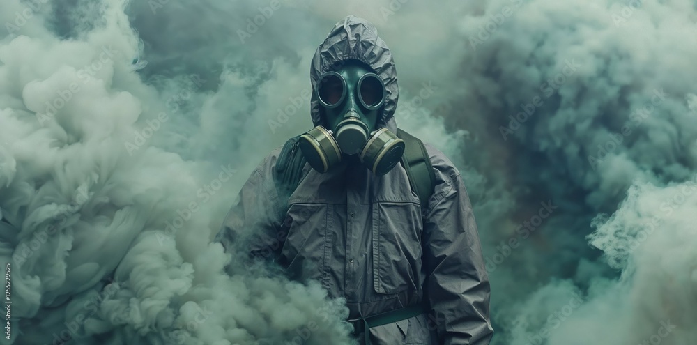 Stock-Foto „person in a protective gas mask stands amidst a thick cloud ...