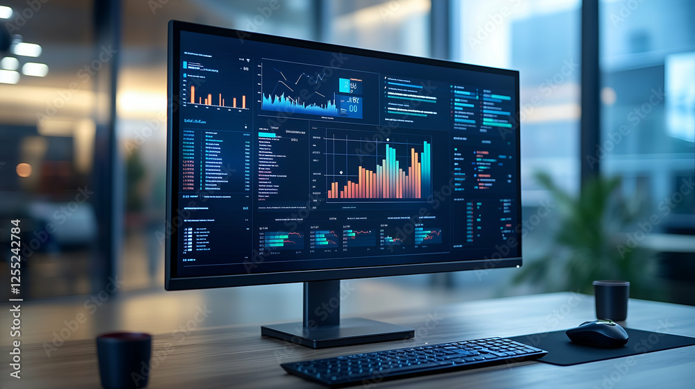 Computer screen featuring real-time data analytics, interactive graphs ...