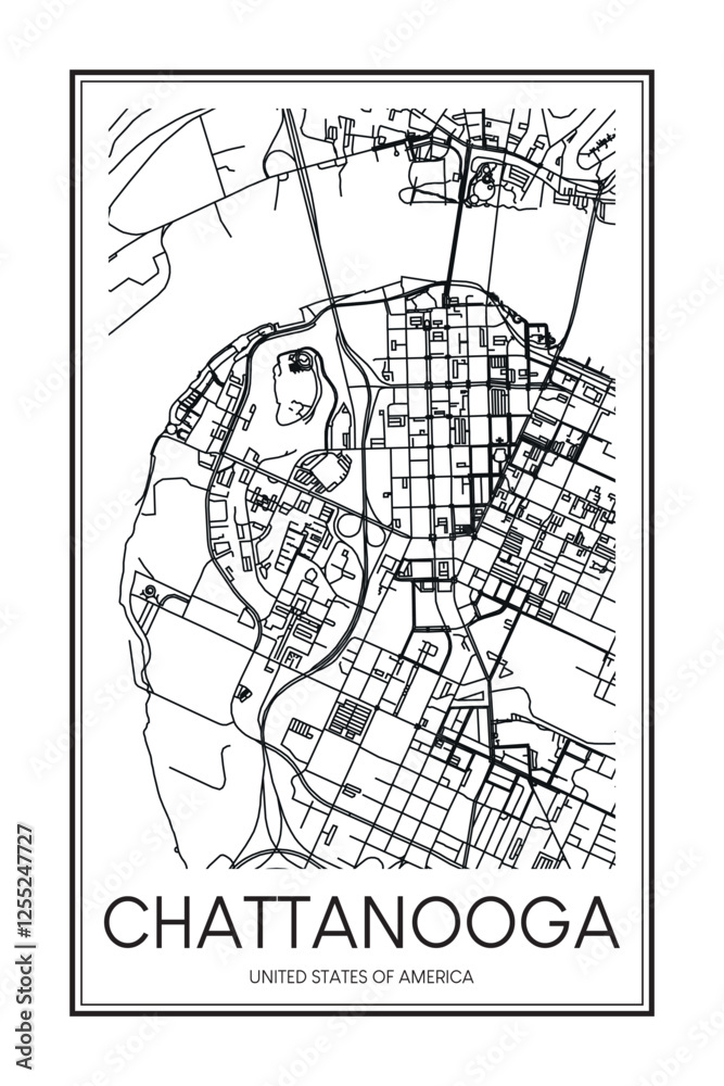 Printable downtown road map poster of the USA city of CHATTANOOGA on ...