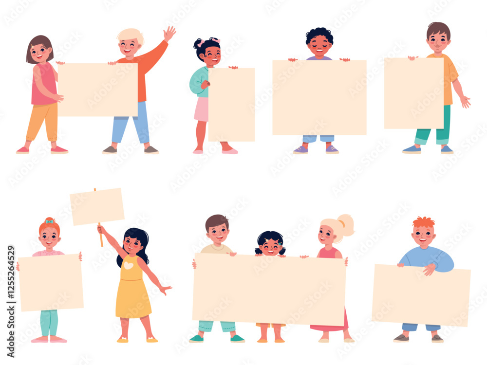 Стоковое векторное изображение «Cartoon children holding banners. Cute ...