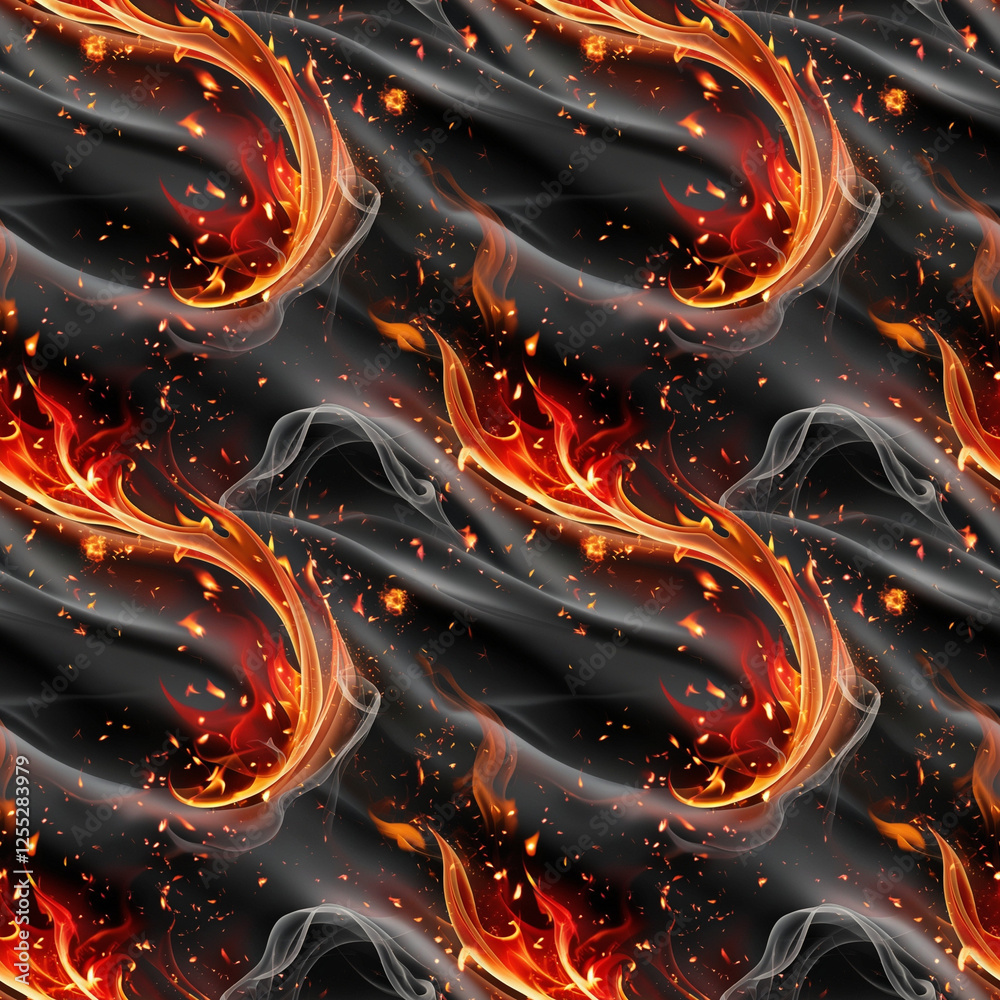 Fiery seamless background with flames and smoke on a dark background ...