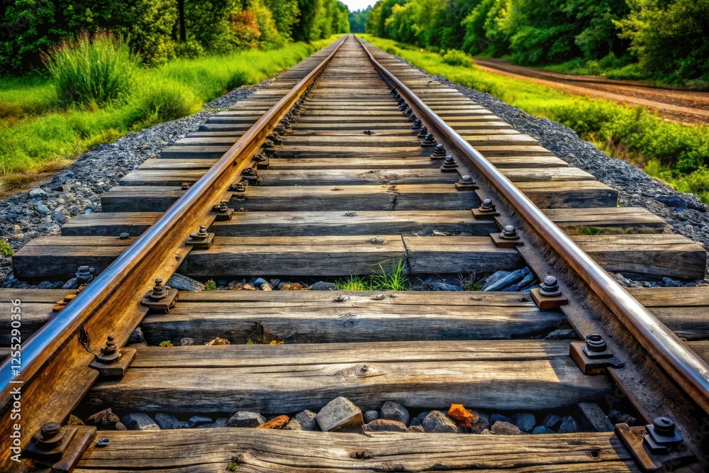 Asphalt path bisects parallel tracks, sleepers stark against the black ...