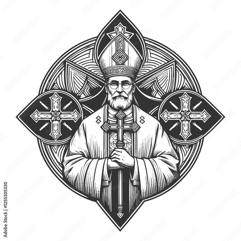 Priest solemn bishop or pope holding a cross, wearing ceremonial robes ...