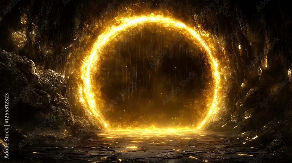 Luminous Golden Circle Cave Entrance A Glowing Portal Shimmering With ...
