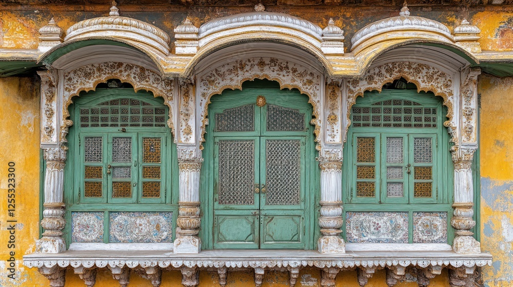 Ornate, arched windows, Indian palace facade, ornate design, peeling ...