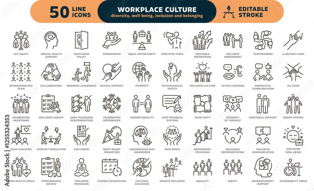 Inclusive workplace culture icon set. Thin line editable stroke icons for diversity, employee ...