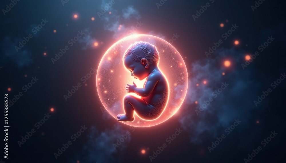 A highly detailed digital depiction of a glowing fetus inside a ...