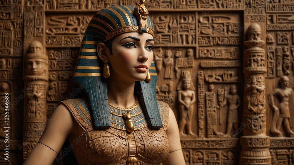 A regal wooden carving of Cleopatra, depicted with a cobra crown and ...