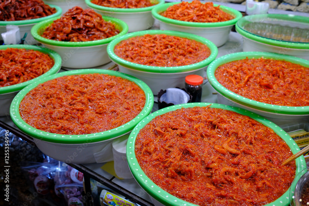 Dong Ba market. Food stand. Shrimp and fish brine. Hue. Vietnam. Stock ...