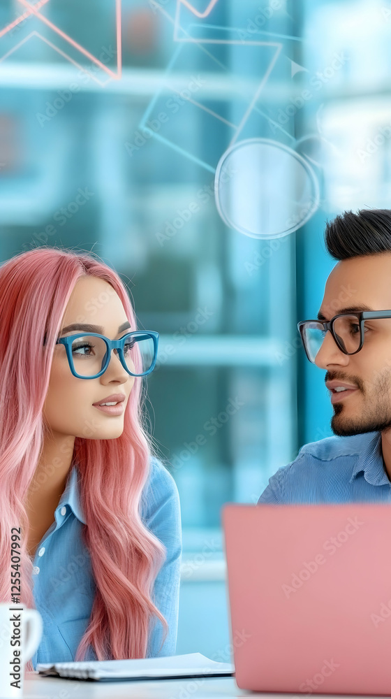 Young couple collaborate using a laptop, office background with ...