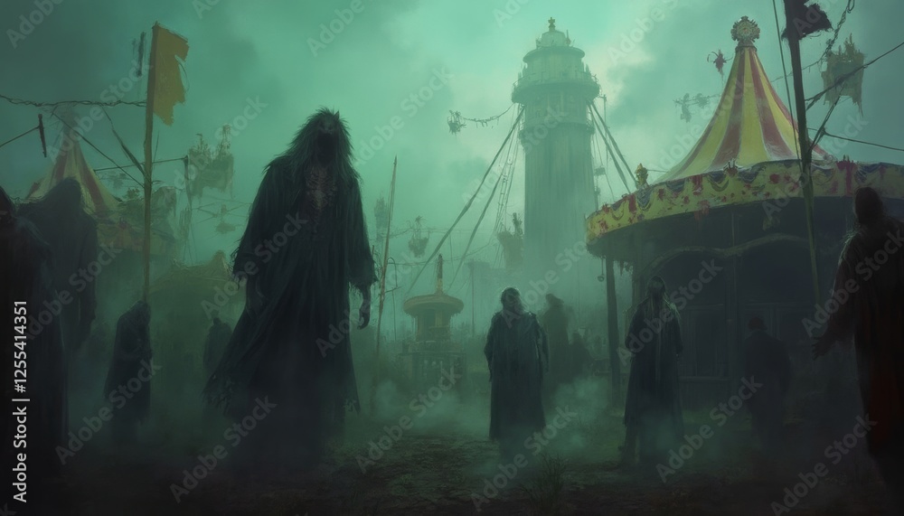 Eerie carnival of specters under a haunted green sky and unsettling fog ...