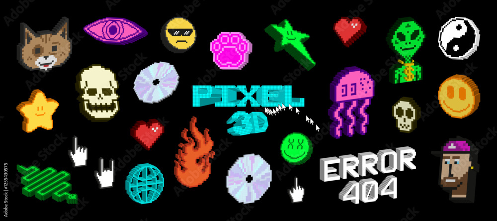 Retro 3D pixel sticker pack, Old computer vibe, retro pixel icons. Y2K ...