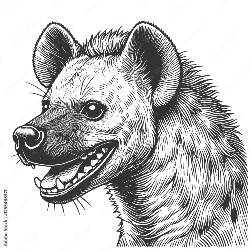 Laughing hyena with a mischievous grin, depicted in an engraved ...