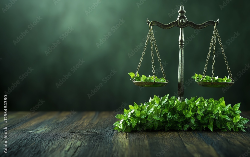 Balance scale with green leaves on one side, symbolizing justice and ...
