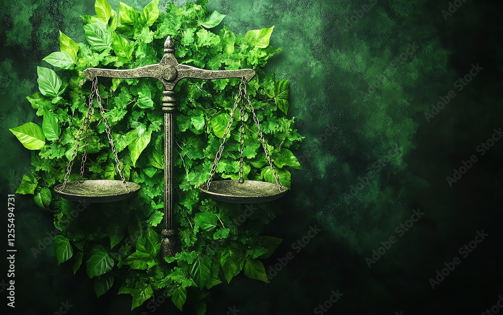 Balance scale with green leaves on one side, symbolizing justice and ...
