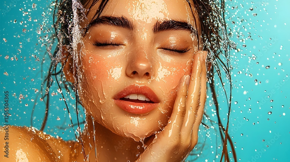 A young beautiful woman with a radiant glowing complexion splashing ...