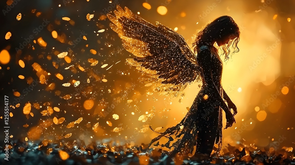 Dramatic and mystical image depicting the glowing silhouette of an angelic figure with ...