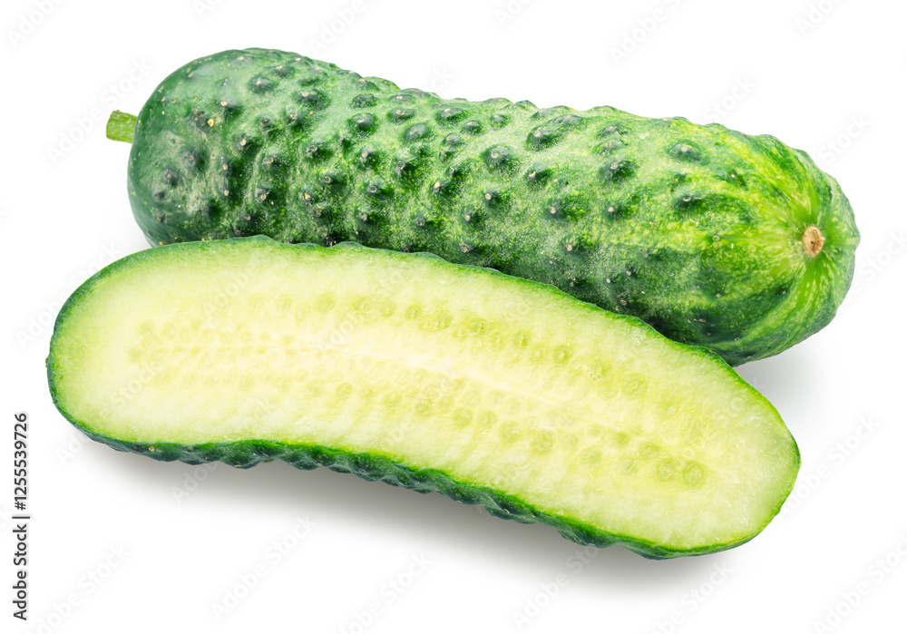 Cucumber and cucumber in longitudinal cut isolated on white background ...