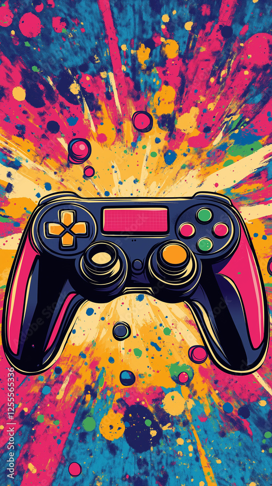 Pop art concept game controller with glowing buttons and dynamic angles ...