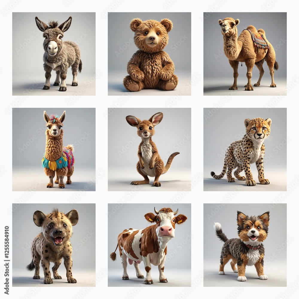 Nine animal portraits in a grid. A donkey, teddy bear, camel, llama ...