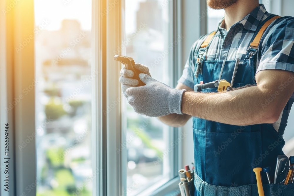 Window Measuring. Workman fixing, adjusting new plastic PVC window with white metal frame ...