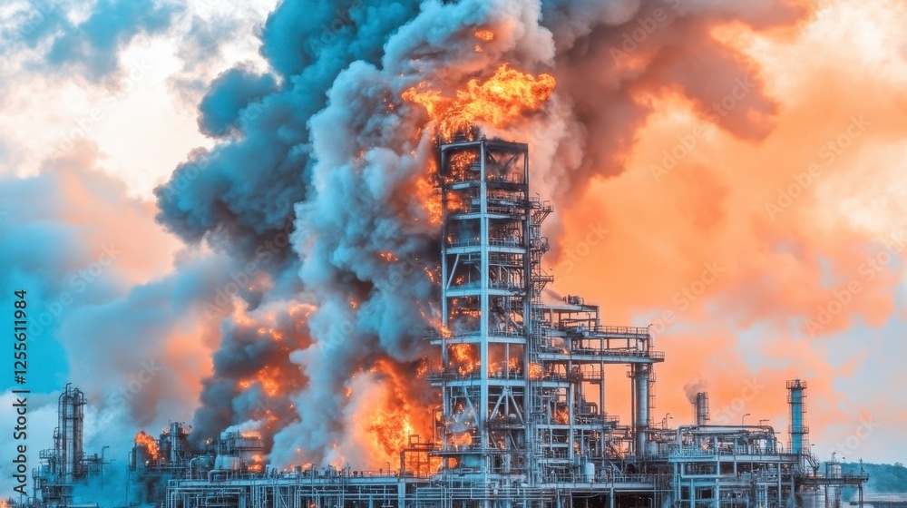 Industrial disaster fire erupts at oil refinery urban setting dramatic ...