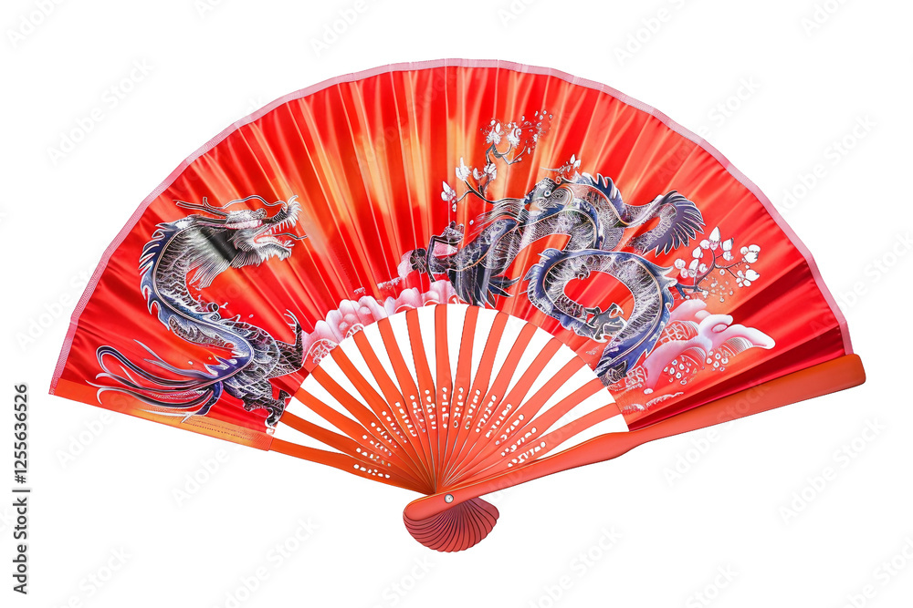 Artistic Chinese hand fan with detailed dragon and phoenix artwork ...