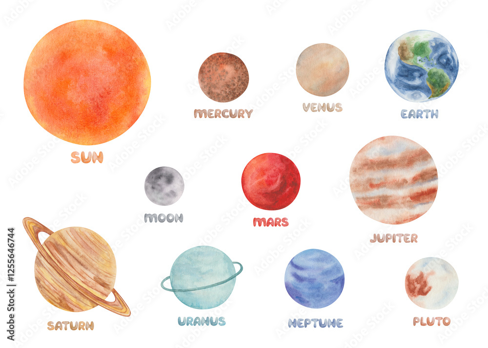 Watercolor illustration. Set of planets. Hand painted planets of Solar system with star Sun ...