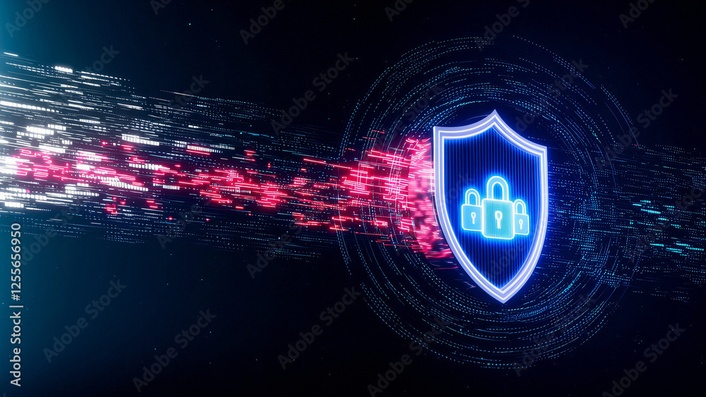 Tornado made of binary code swirling around a glowing shield with padlock symbols, cyber attack ...