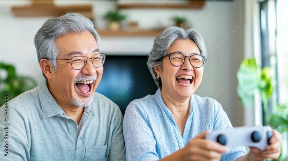 Joyful Seniors Playing Video Games: An elderly Asian couple shares a ...