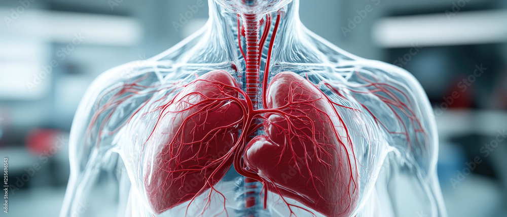 Illustrating detailed blood vessels in a cross section of the chest a ...