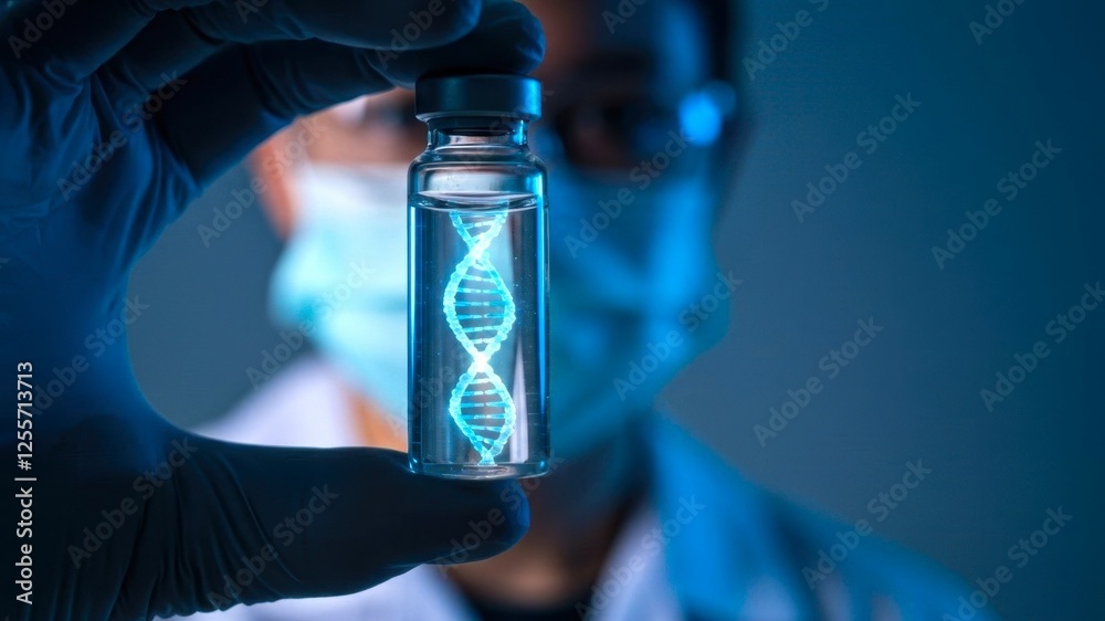 Close up doctor holds vial with glowing DNA double helix structure or ...