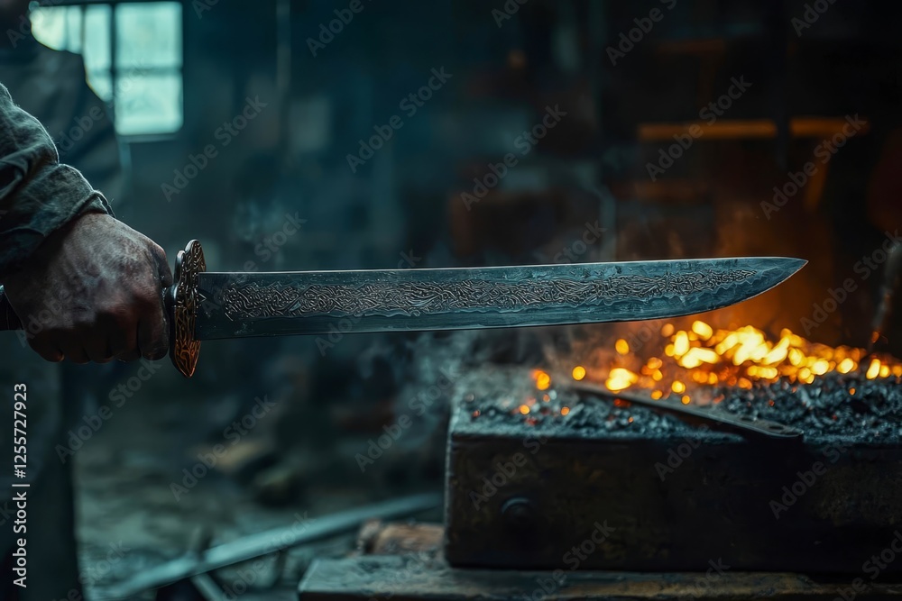 Blacksmith crafting a longsword inside forge-lit workshop. Stock Photo ...