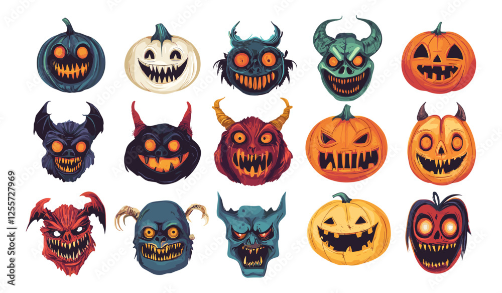 Cartoon monster tiny beasts faces vector set. Small toothy horned ...