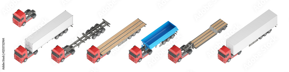 Collection of trucks with various trailers. Top views of a trailer ...