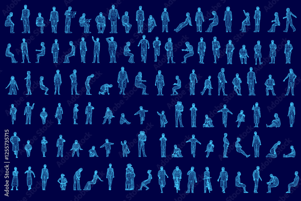 A blue image of many people in various poses. The image is a collection ...