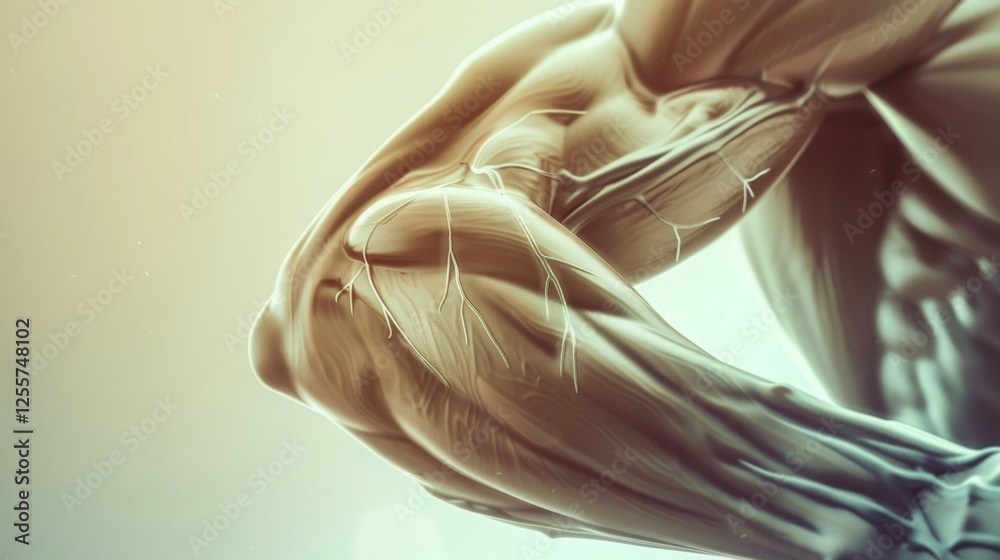 Muscular arm flexing with detailed veins and tendons visible ...