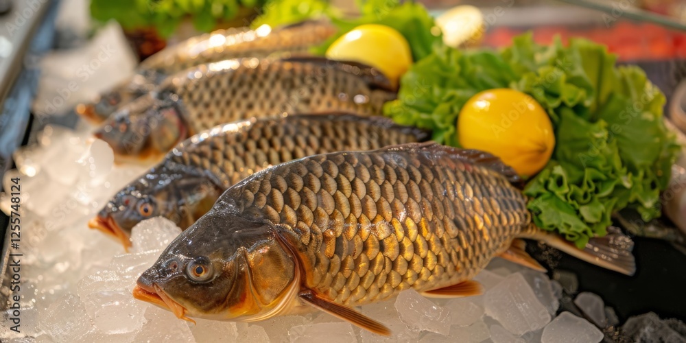 Common carp fish on ice, lettuce and lemon slices. Group of raw fish ...