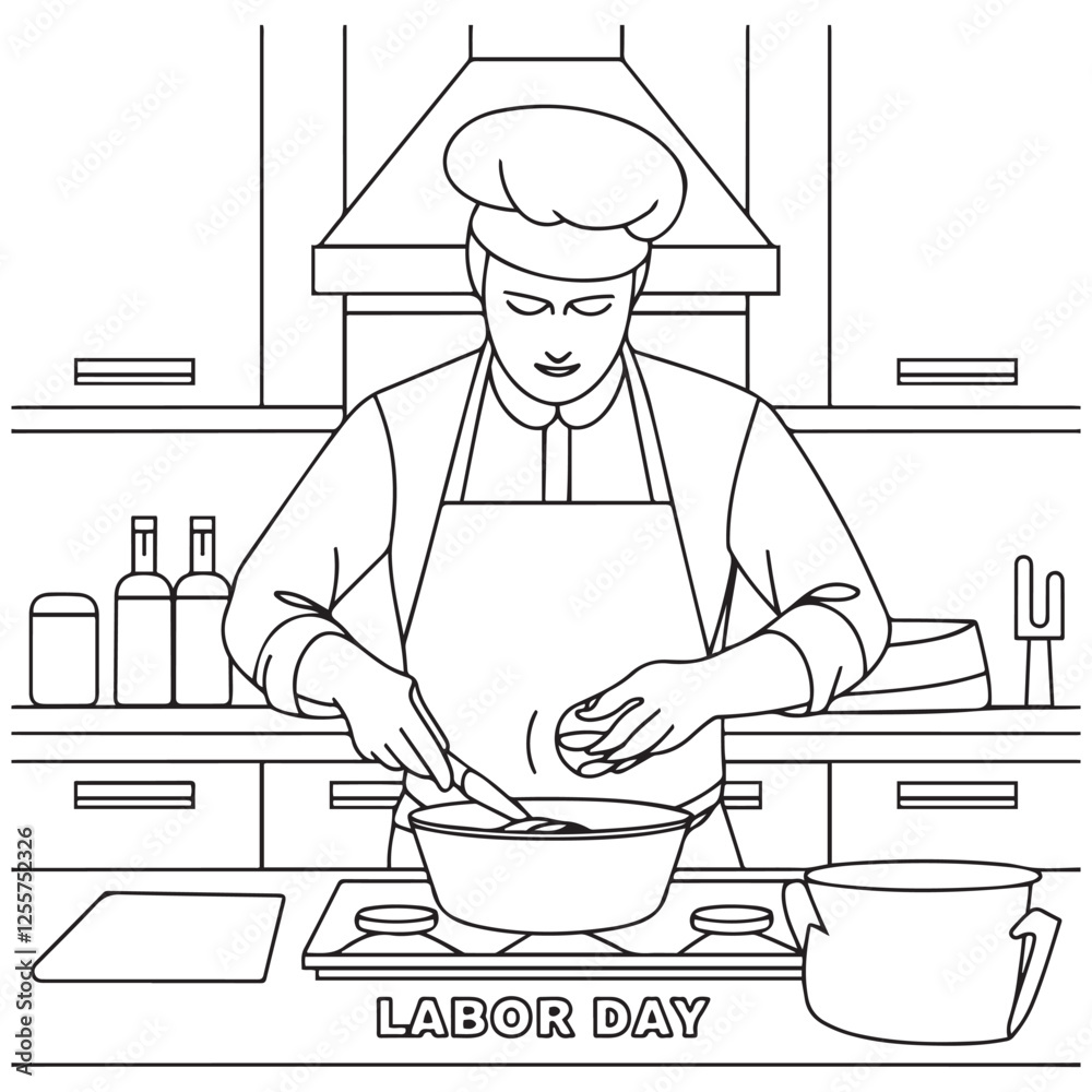 Chef Cooking in a Kitchen Outline Coloring Page. Labor Day Hand Drawn ...