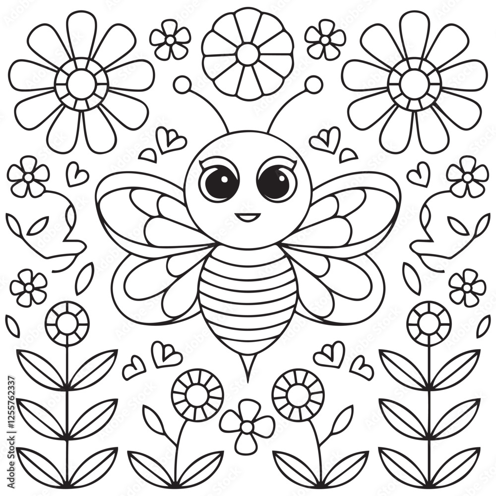 Cute kawaii cartoon character bee in the flower garden coloring page ...
