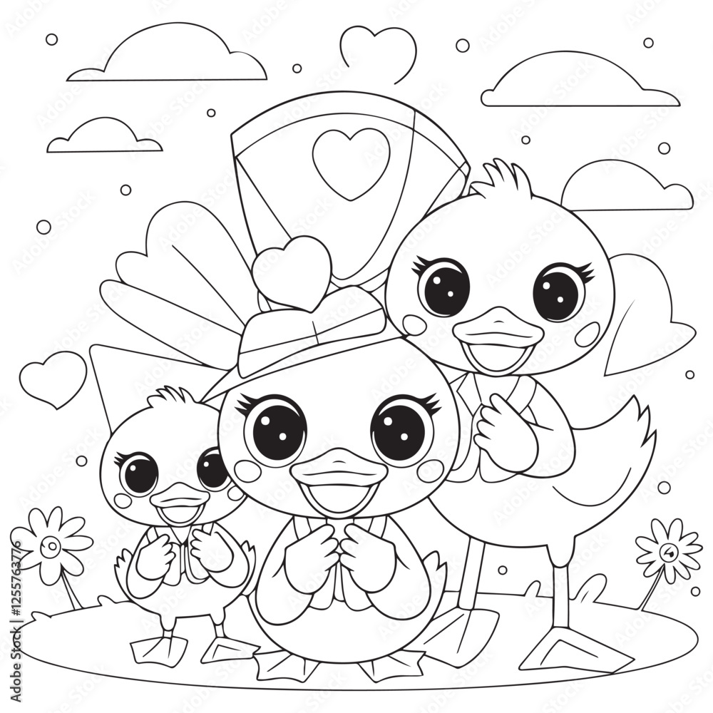 Cute kawaii duck family cartoon character coloring page vector ...