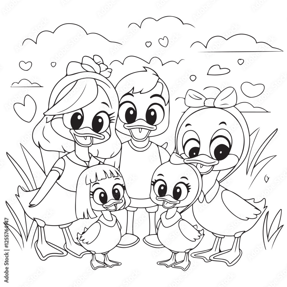 Cute kawaii duck family cartoon character coloring page vector ...