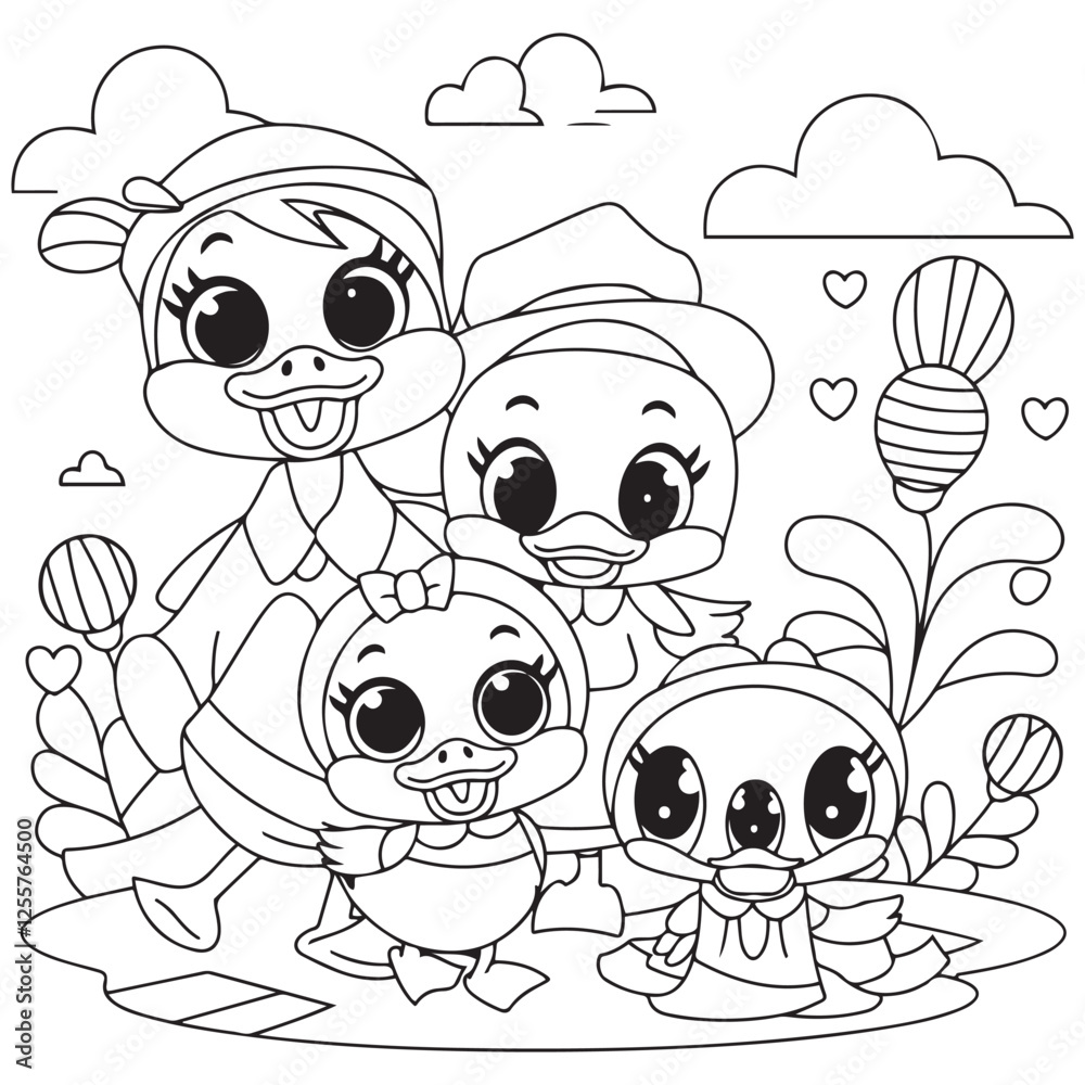 Cute kawaii duck family cartoon character coloring page vector ...