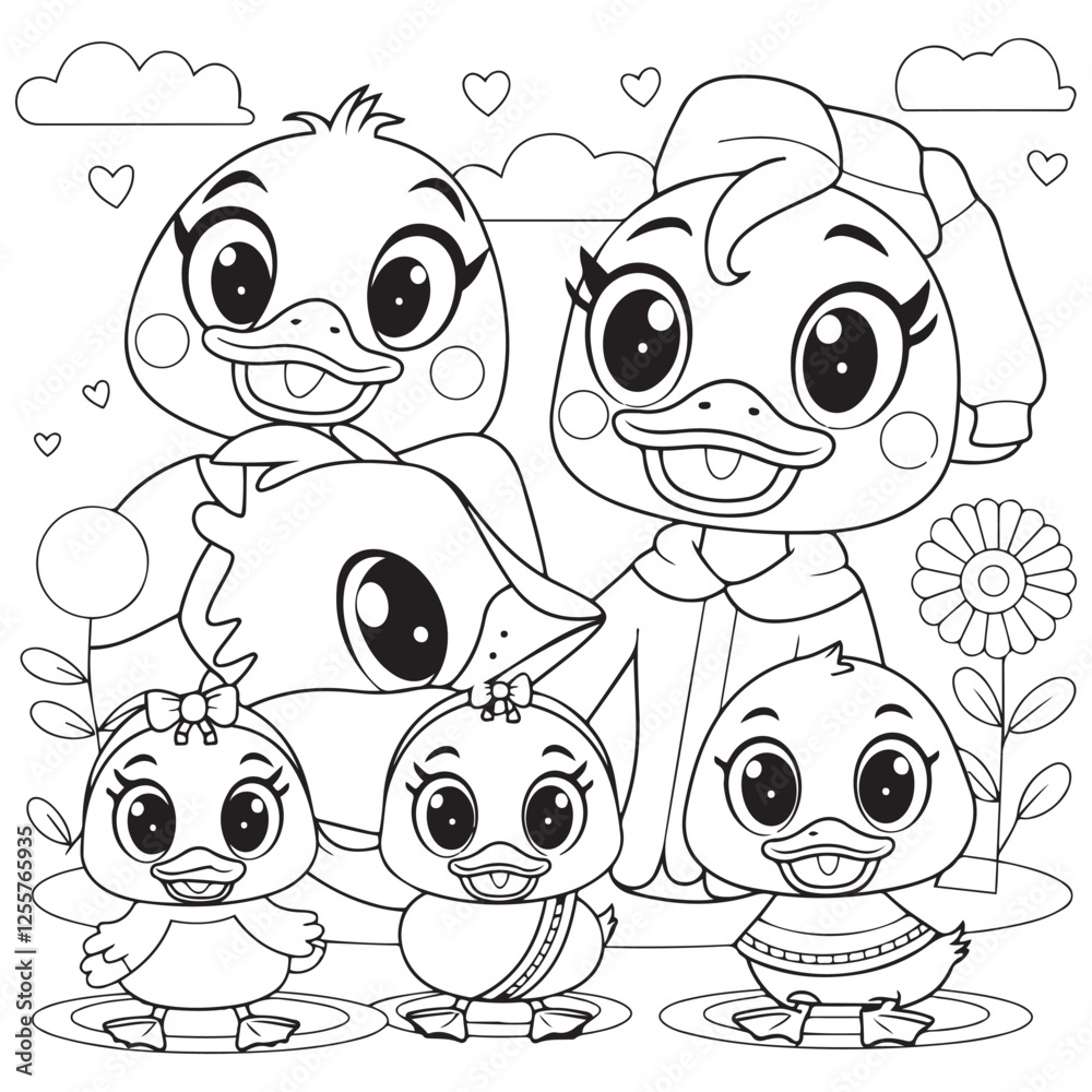 Cute kawaii duck family cartoon character coloring page vector ...