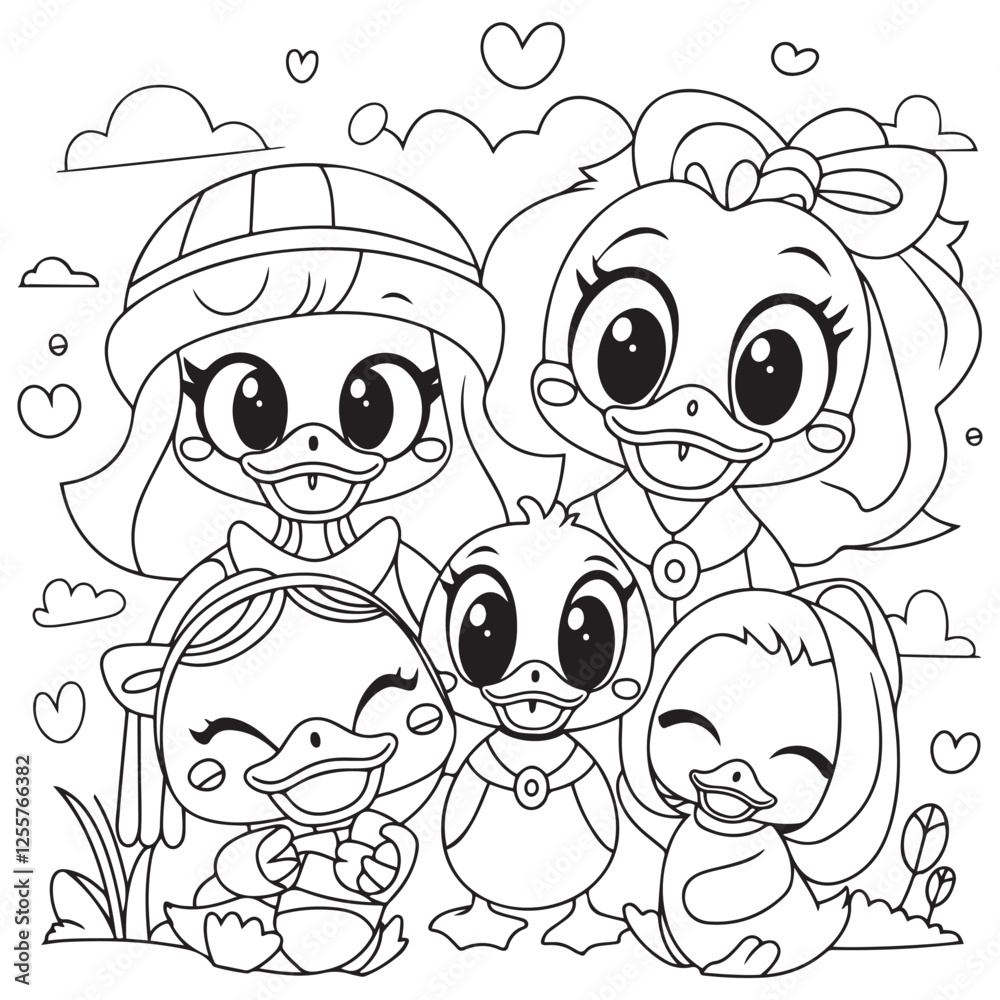 Cute kawaii duck family cartoon character coloring page vector ...