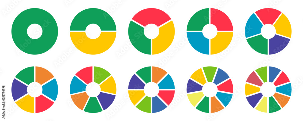 Donut charts, pies segmented on equal parts from 1 to 10. Diagram infographic multicoloured set ...