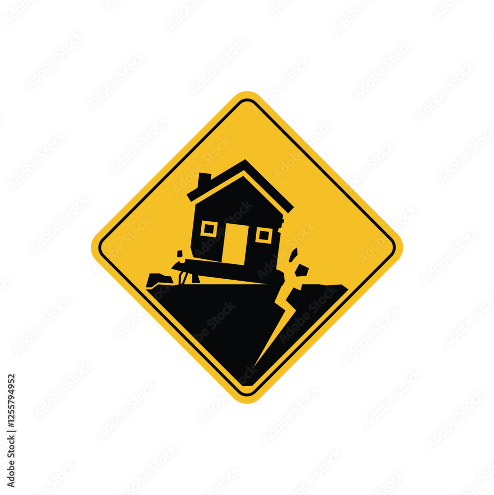 warning sign icon, earthquake and landslide prone houses - warning area ...