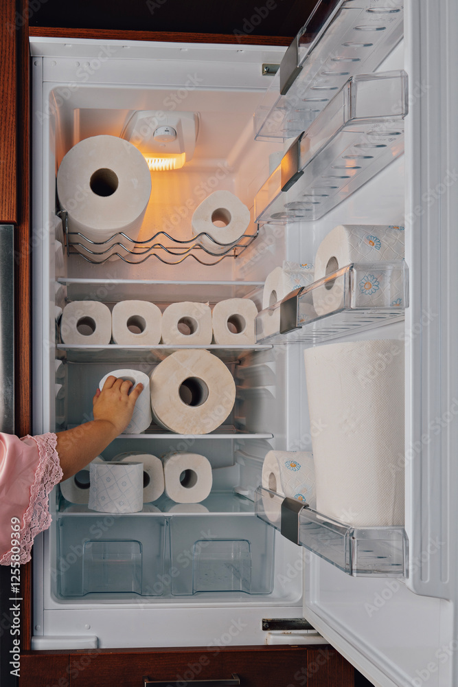 Unique and surreal scene of fridge filled with toilet paper rolls, with ...