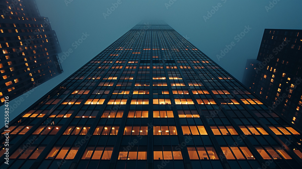 tall building illuminated windows night foggy environment architectural ...